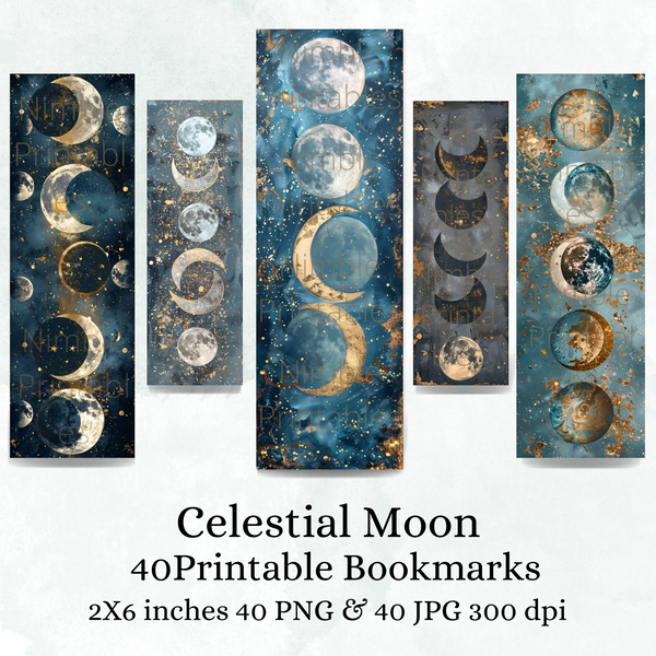 Printable Bookmarks Bundle Celestial Moon, Digital Downloads, Watercol ...