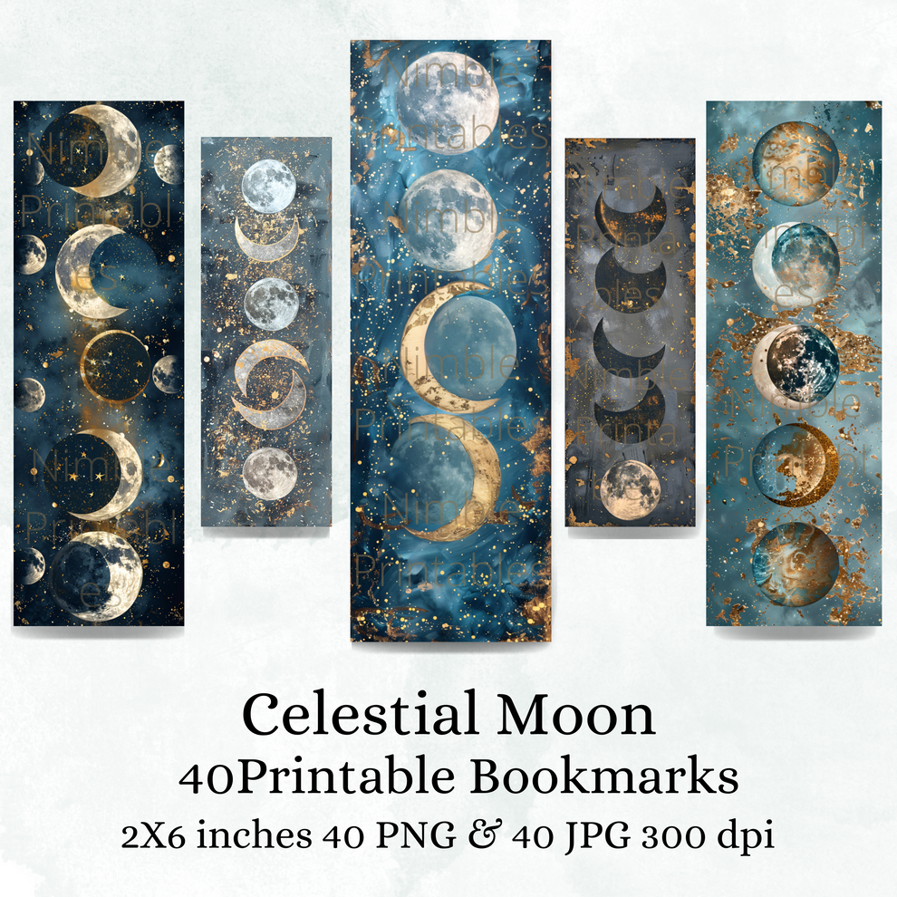 Printable Bookmarks Bundle Celestial Moon, Digital Downloads, Watercol ...