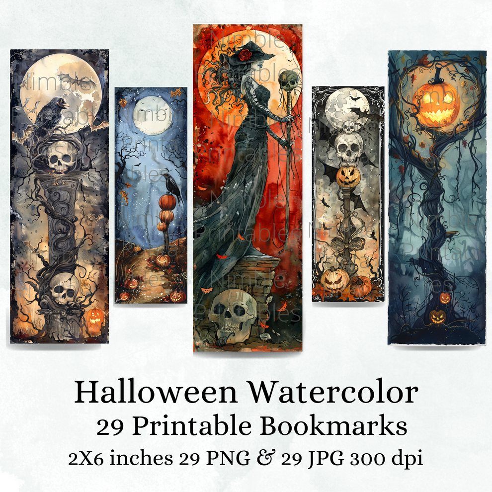 Printable Bookmarks Bundle Halloween Watercolor, Digital Downloads, 29 ...